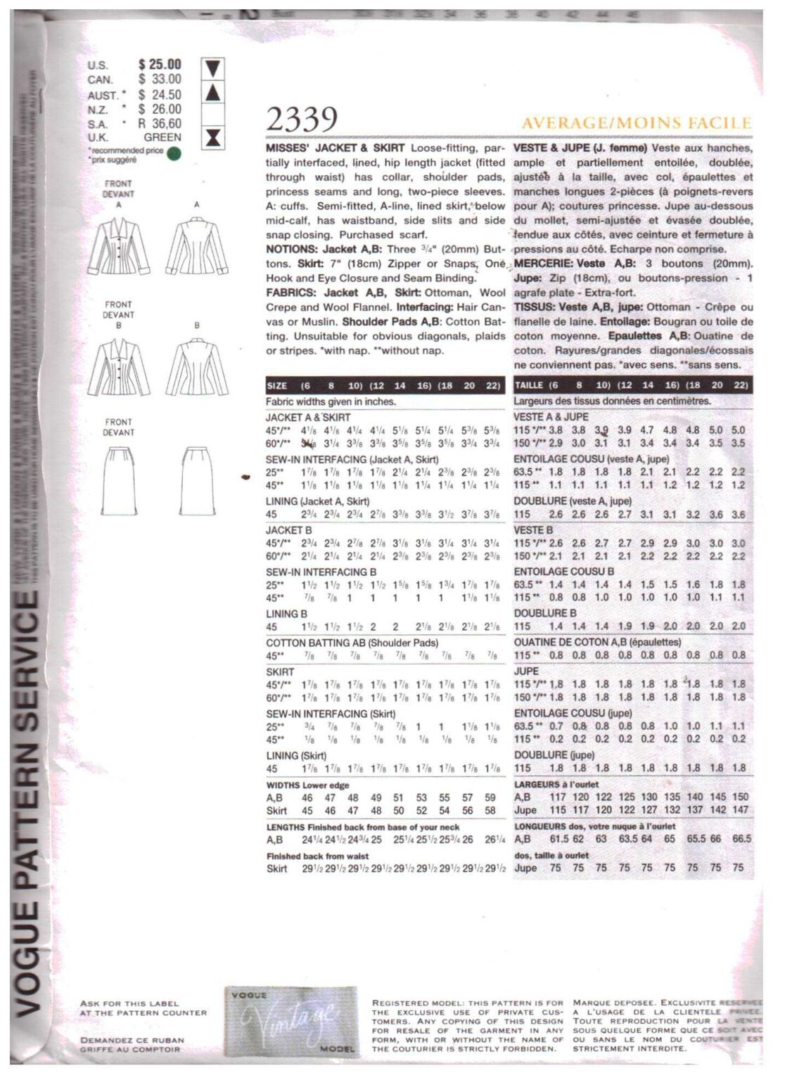 Vogue 2339 Jacket, Skirt Original Design 1948 Size: 18-20-22 Uncut ...