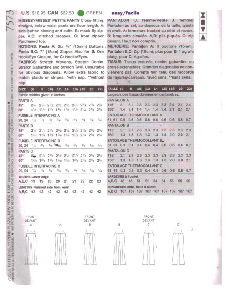 Vogue 7573 Pants Size: 6-8-10 or 12-14-16 Uncut Sewing Pattern