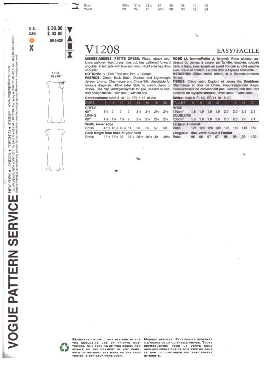 Vogue V1208 Dress by Tom and Linda Platt Size: EE 14-16-18-20 Uncut ...