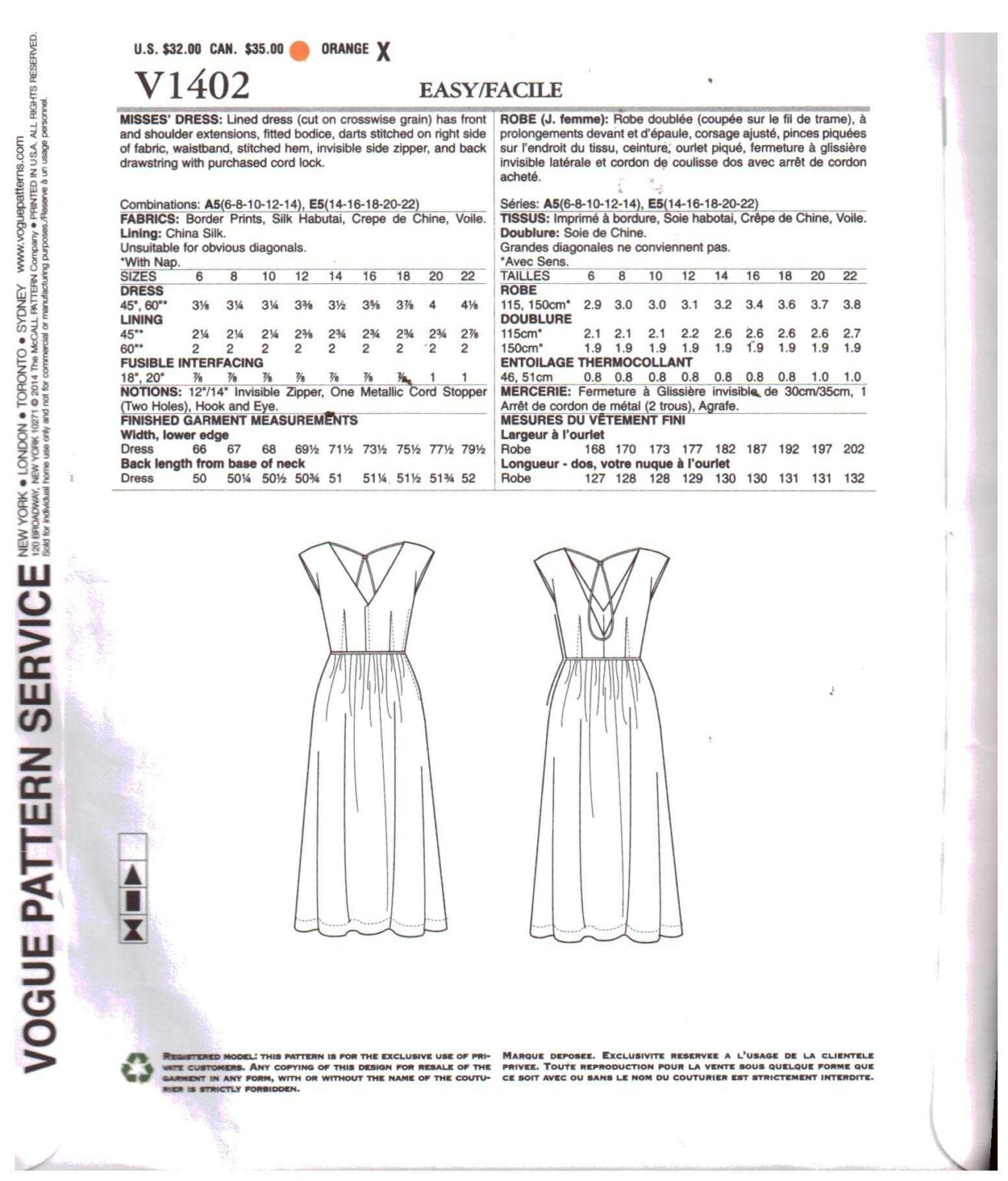 Vogue V1402 Dress by Julia Alarcon Size: E5 14-16-18-20-22 Uncut Sewing ...