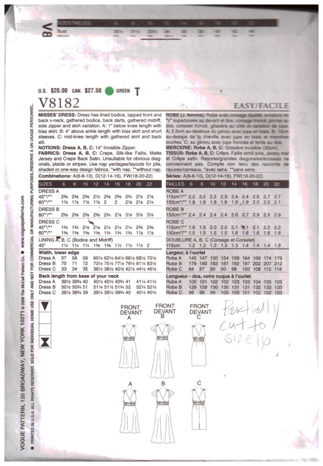 Vogue V8182 Dress Size: 12-14-16 Used Sewing Pattern