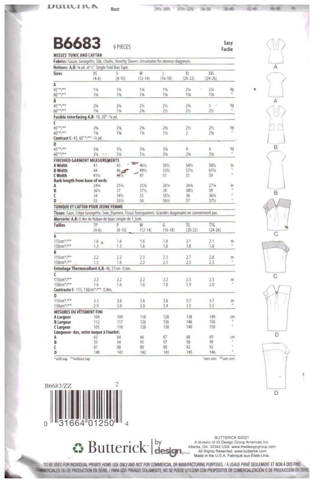 Butterick B6683 Tunic, Caftan Size: ZZ L-XL-XXL Uncut Sewing Pattern