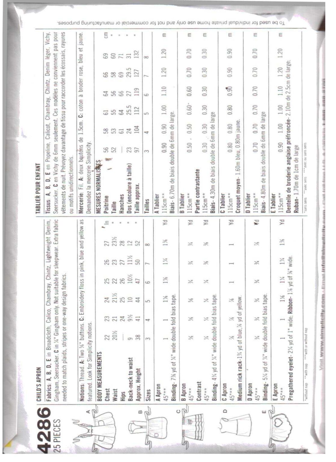 Simplicity 4286 Girls' Aprons Size: A 3-8 Used Sewing Pattern