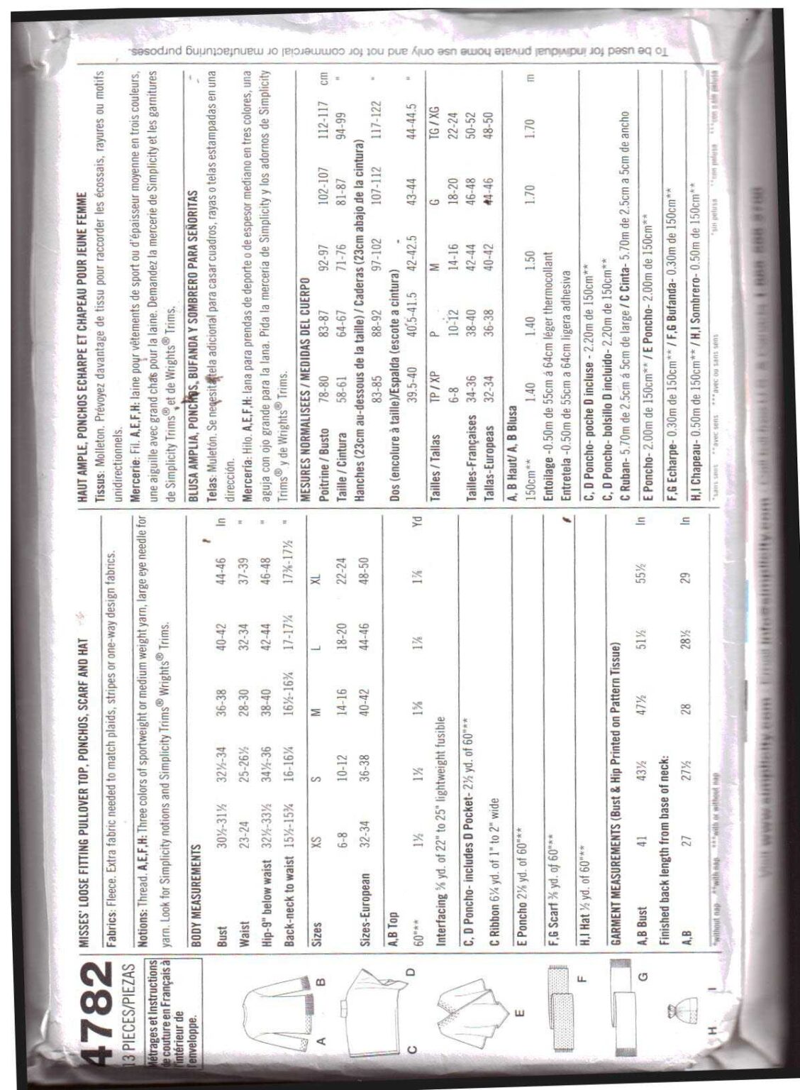 Simplicity 4782 Top, Ponchos, Scarf, Hat Size: AA XS-S-M Uncut Sewing ...