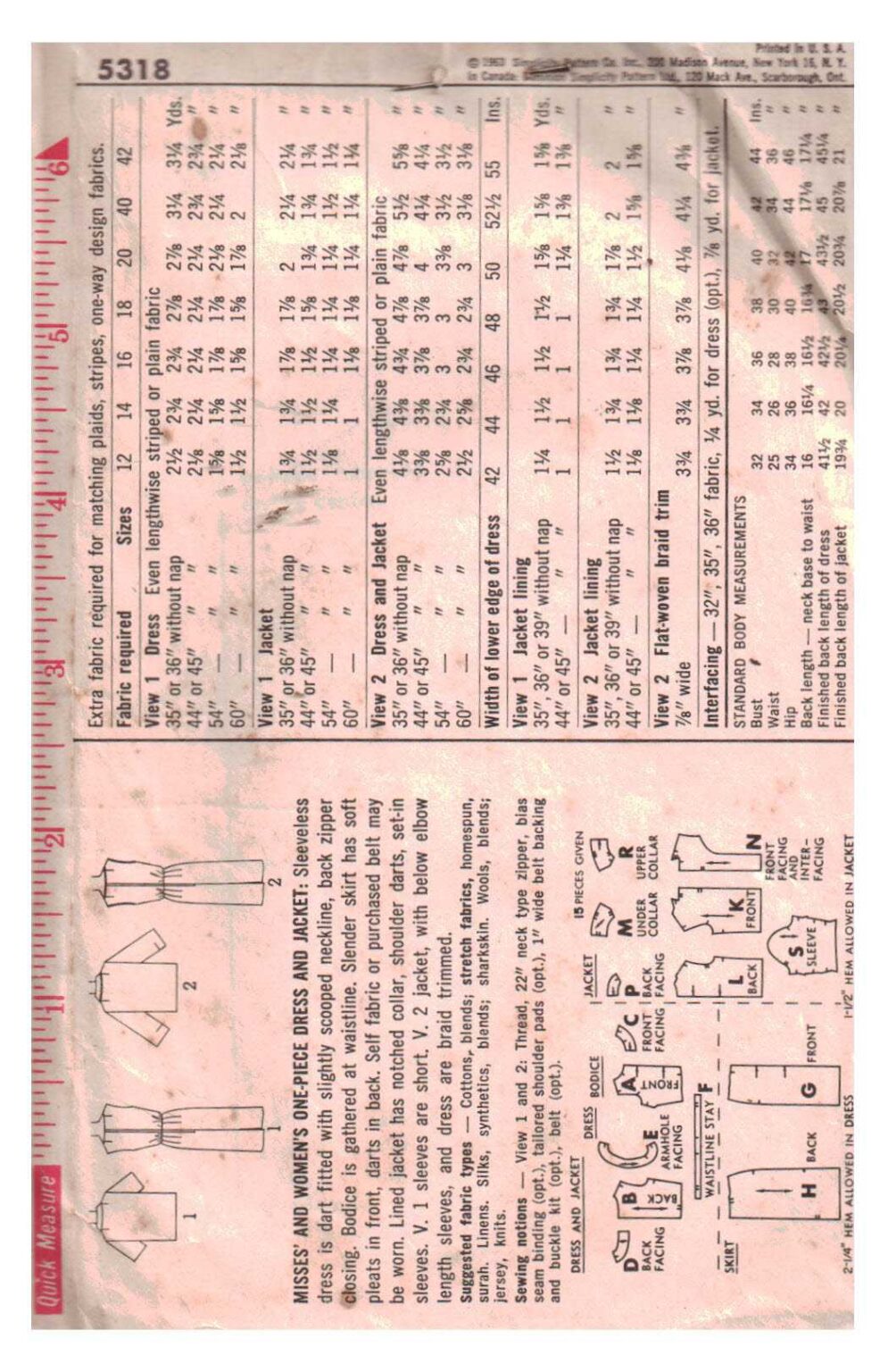 Simplicity 5318 Dress, Jacket Size: 14 Bust 34 Used Sewing Pattern