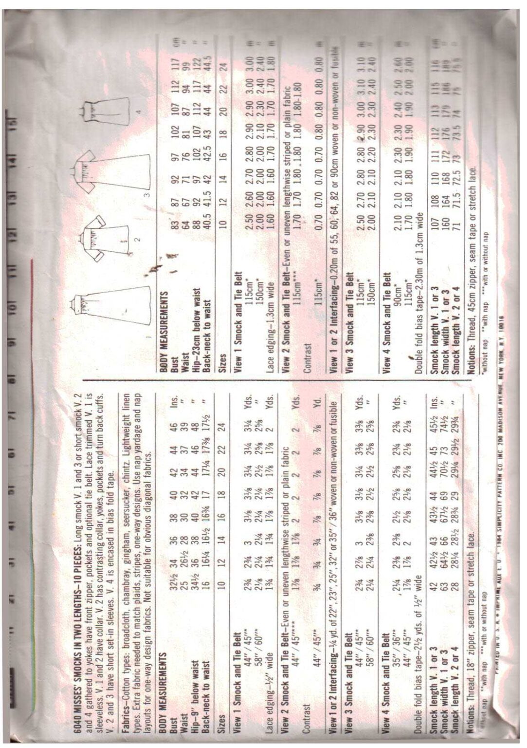Simplicity 6040 Smock in two lengths Size: R 14-16-18 Used Sewing Pattern