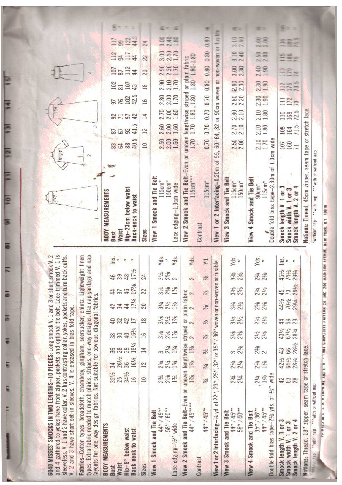 Simplicity 6040 Smock in two lengths Size: R 14-16-18 Used Sewing Pattern