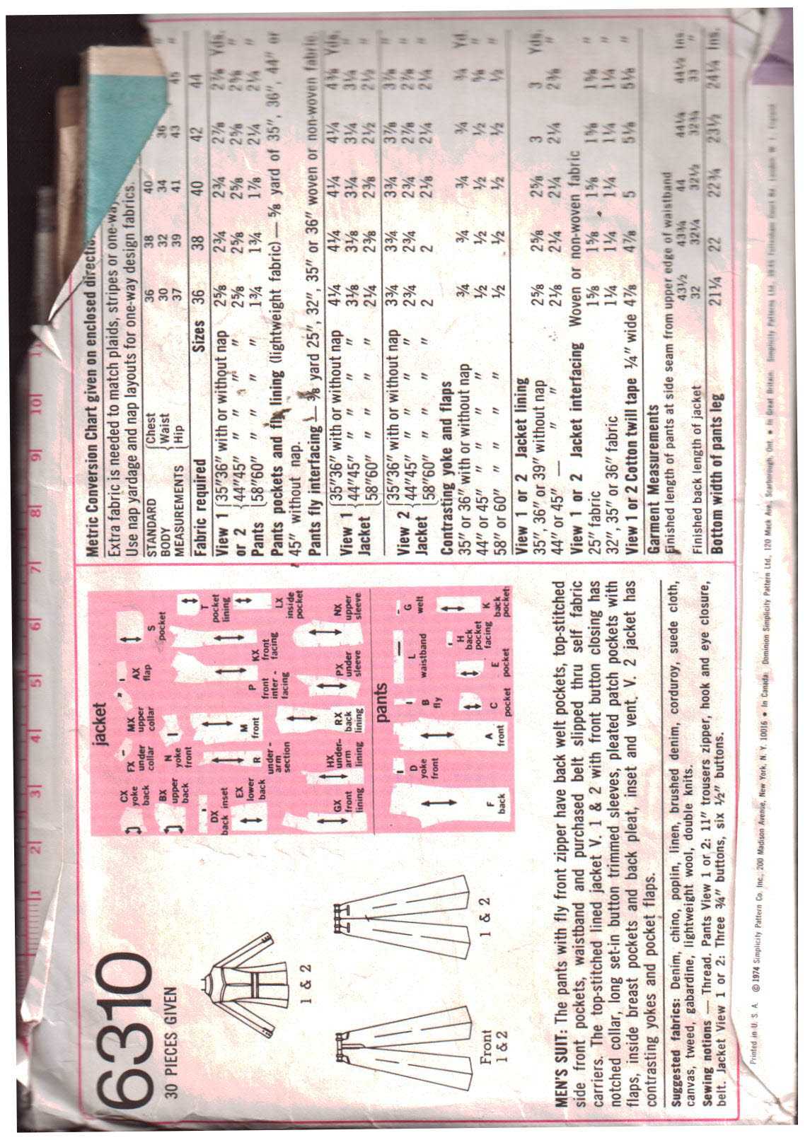 Simplicity 6310 Men's Suit - Jackiet, Pants Size: 36 Used Sewing Pattern