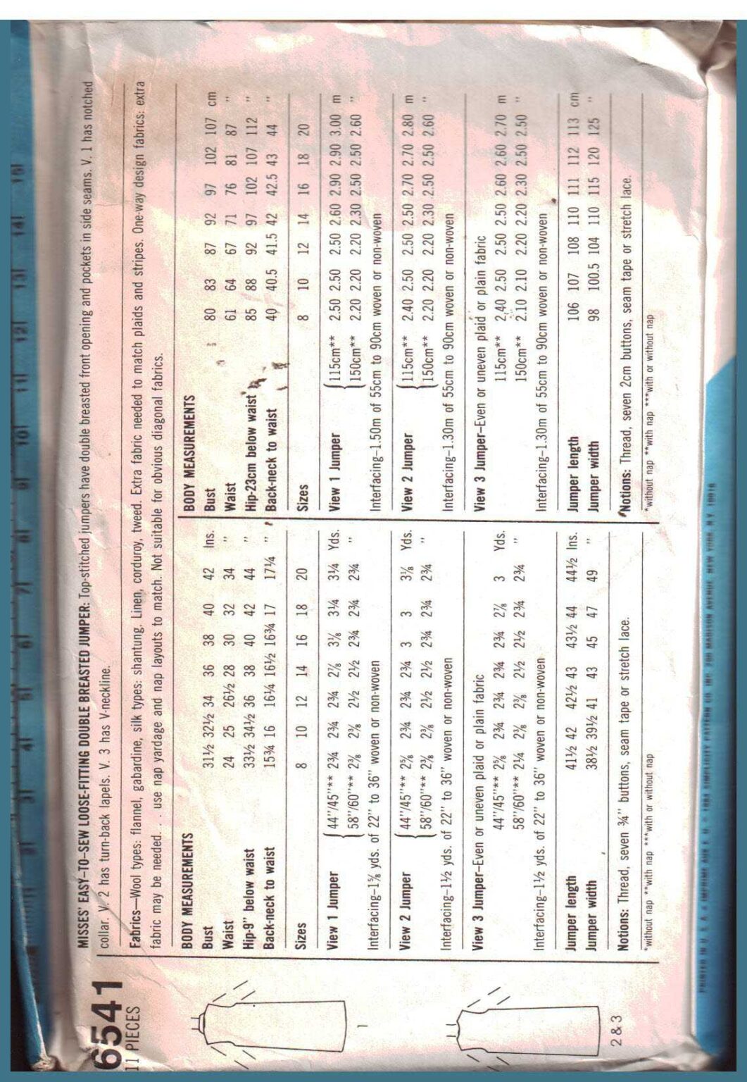 Simplicity 6541 Double Breasted Jumper Size: 14 Used Sewing Pattern