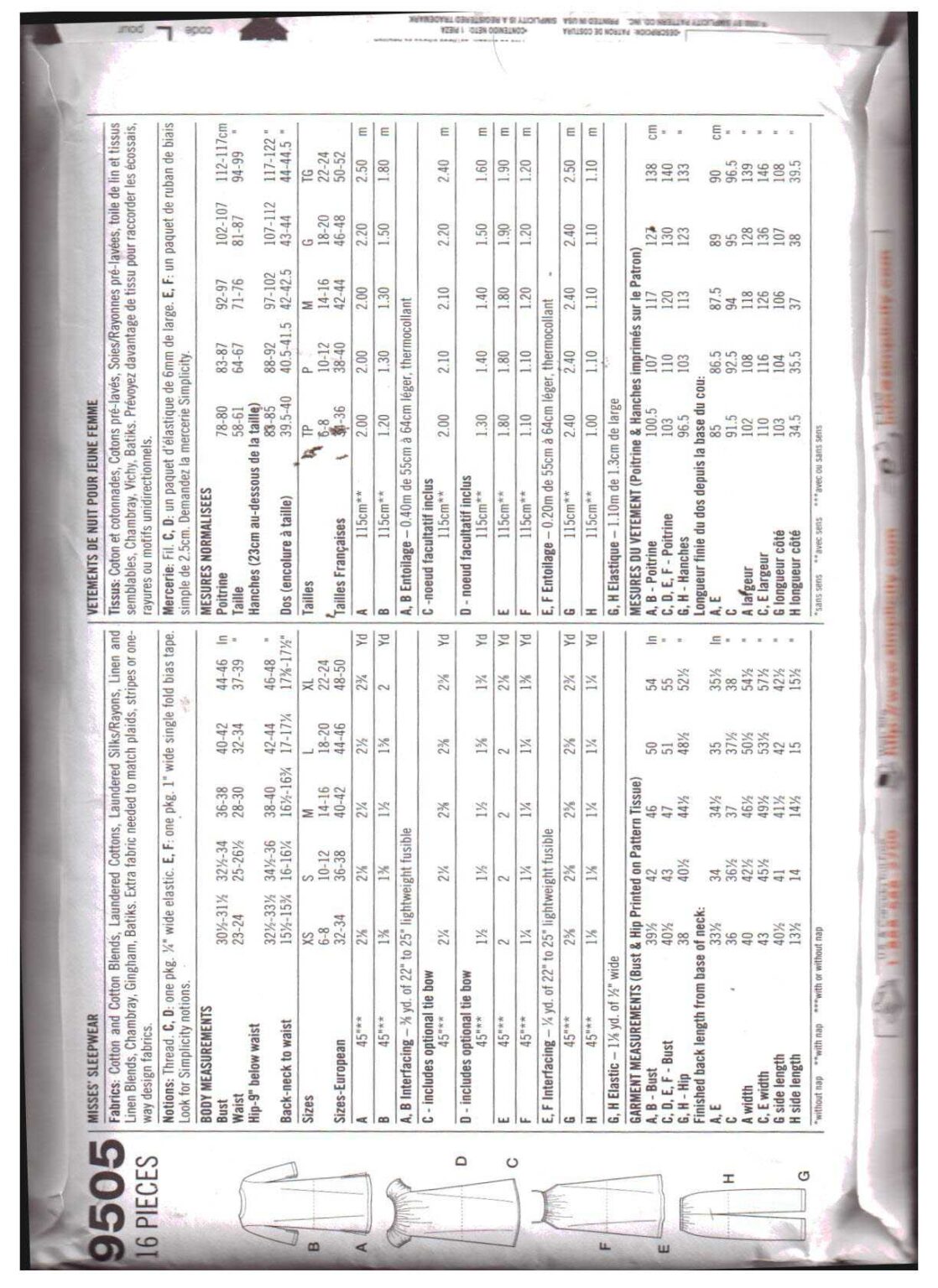 Simplicity 9505 Pajamas Size: AA XS-S-M Used Sewing Pattern