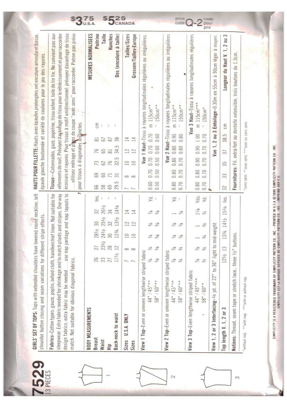 Simplicity 7529 Girl's Tops Size: H 7-8-10 Used Sewing Pattern