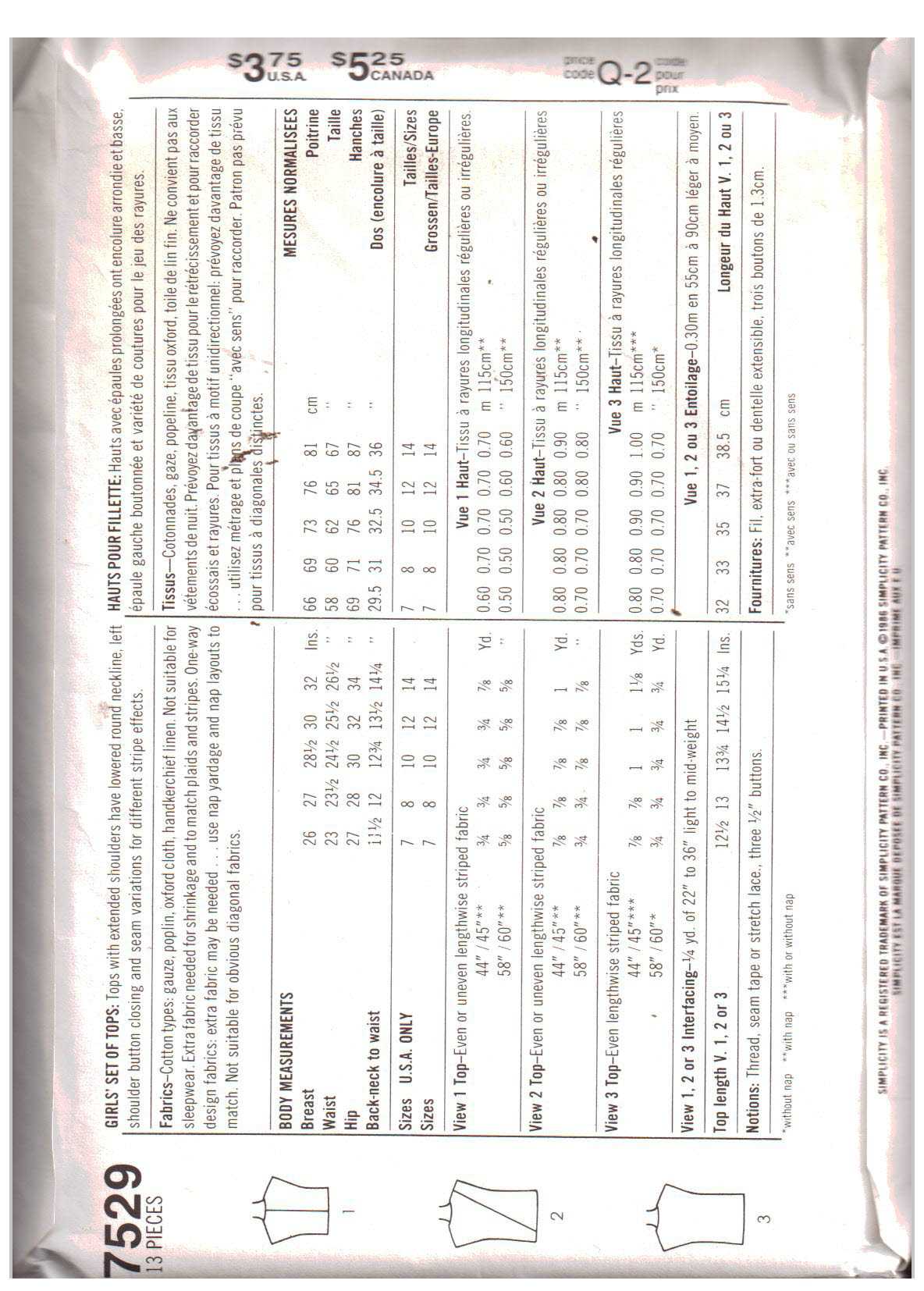 Simplicity 7529 Girl's Tops Size: H 7-8-10 Used Sewing Pattern