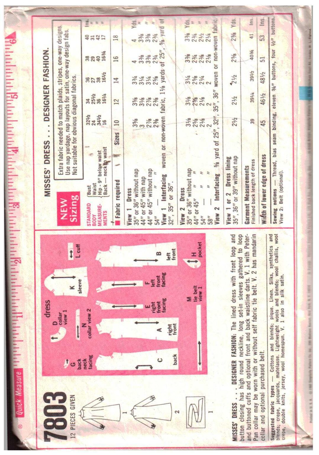 Simplicity 7803 Dress Size: 14 Bust 36 Used Sewing Pattern