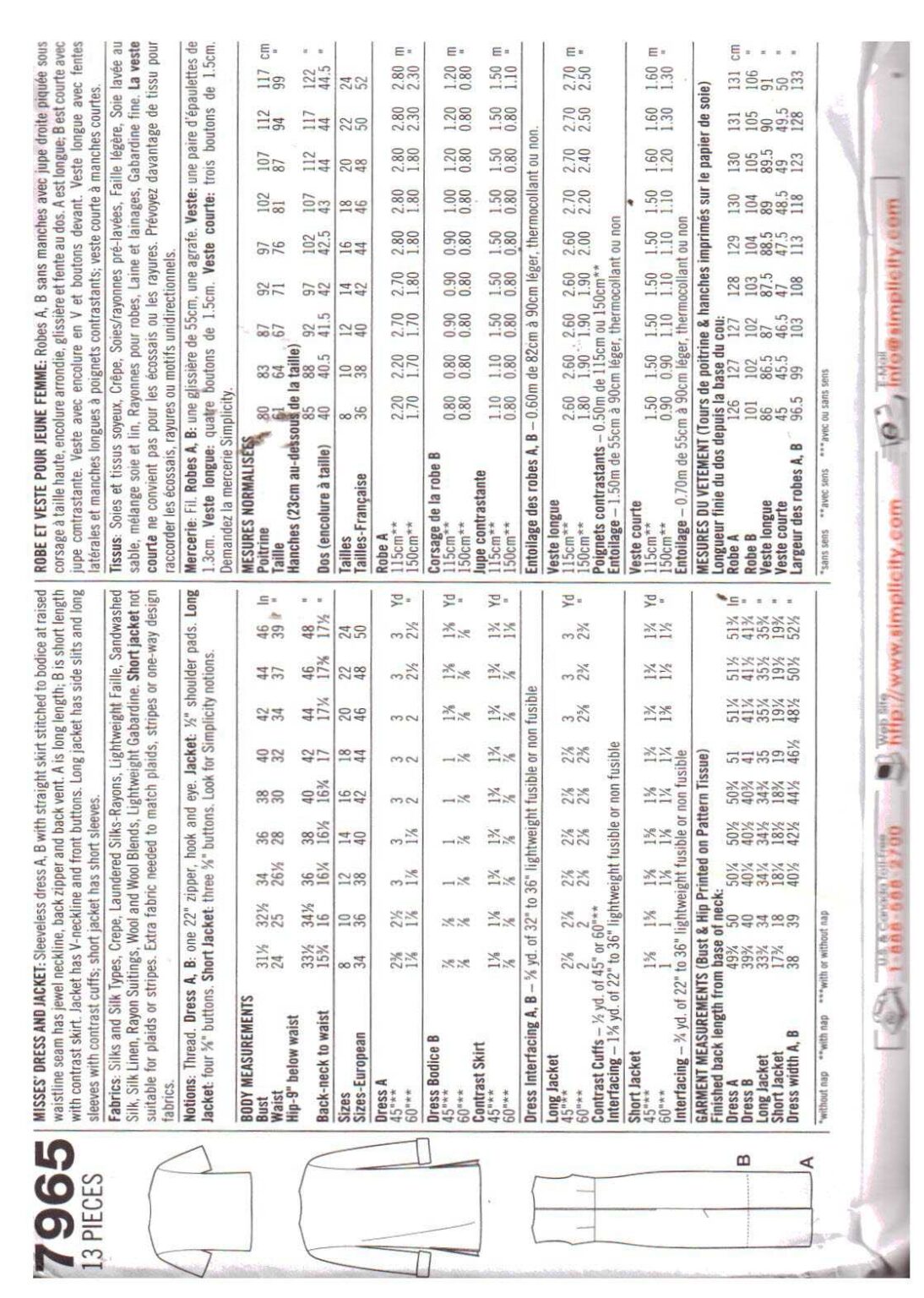 Simplicity 7965 Dress, Jacket Size: R 14-16-18 Used Sewing Pattern