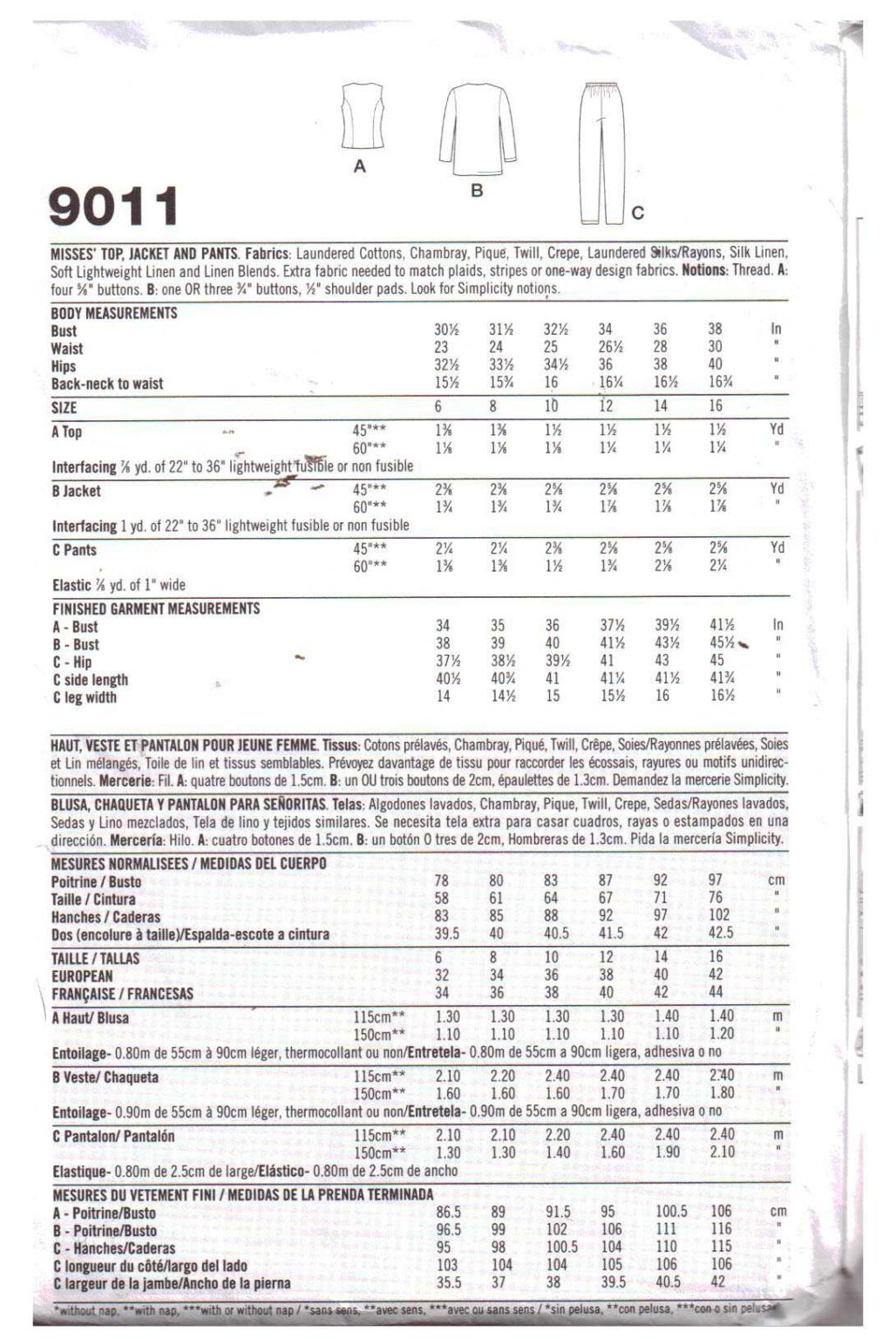 Simplicity 9011 Top, Jacket, Pants Size: A 6-16 Used Sewing Pattern