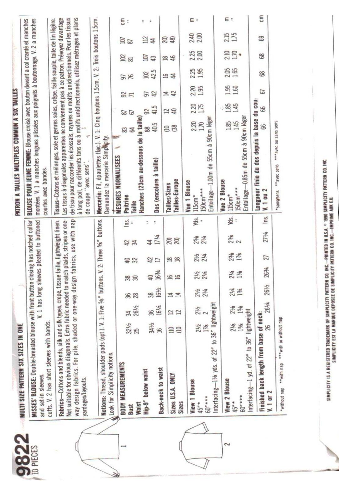Simplicity 9822 Tops Size: 10-20 Used Sewing Pattern