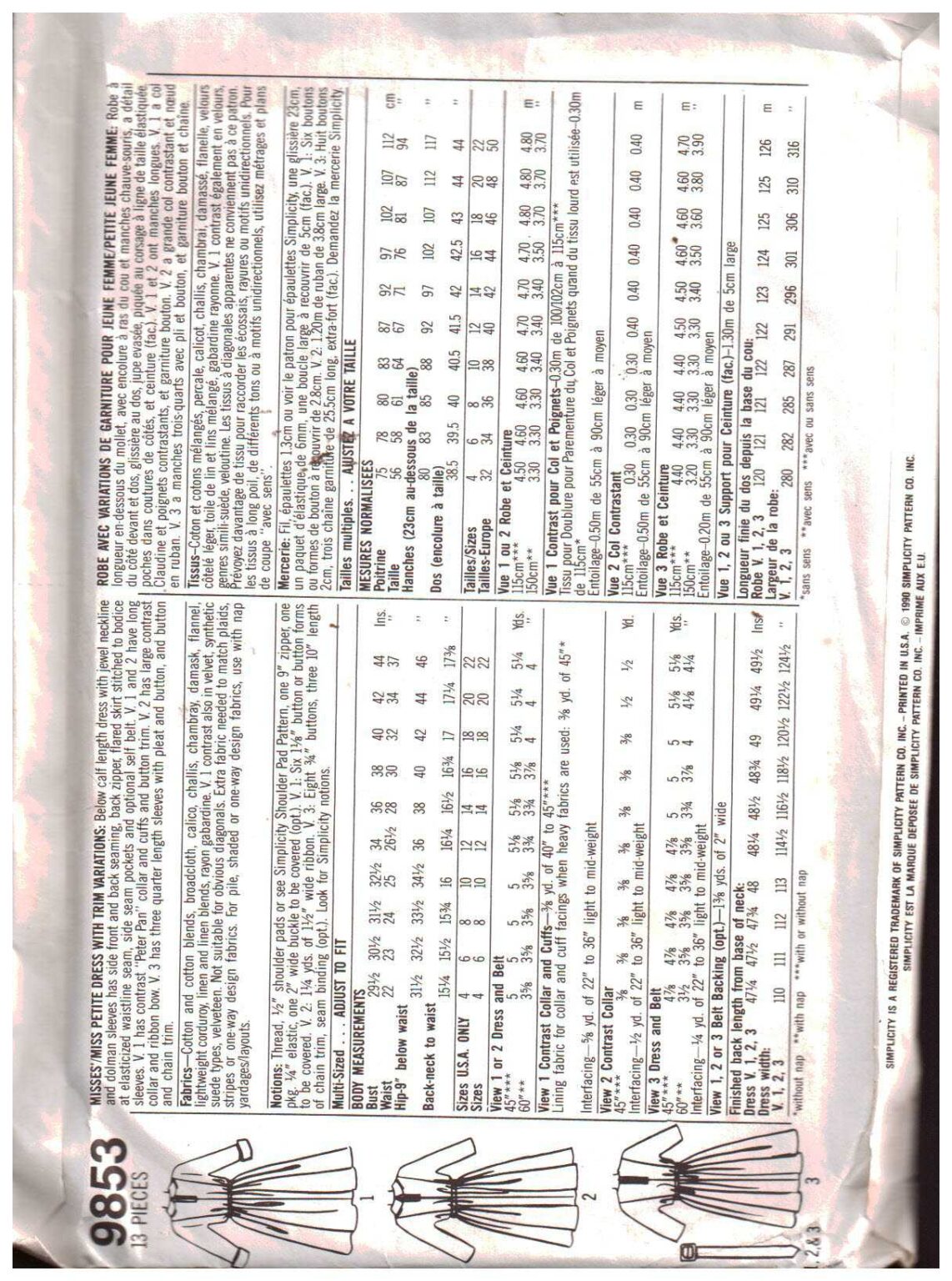 Simplicity 9853 Dress Size: N5 10-18 Used Sewing Pattern